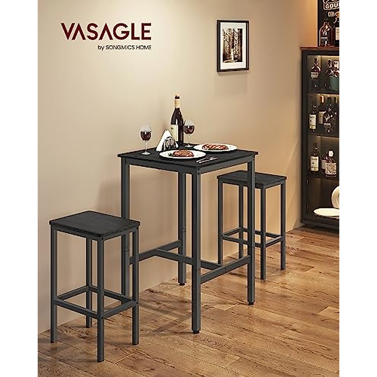 VASAGLE Bar Table, Small Kitchen Dining Table, High Top Pub Table, Height Cocktail Table for Living Room Party, Sturdy Metal Frame, 23.6 x 23.6 x 36.2 Inches for Narrow Spaces, Ebony Black and Black