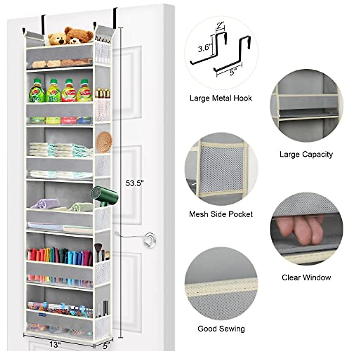 roomtalk Over The Door Hanging Organizer 6-Shelves for Baby Nursery and Bathroom, Door Organizer Hanging with 2 Large Metal Hooks and 12 Pockets for Children Bedroom, Over The Door Storage, Grey