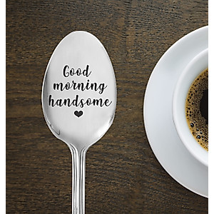 Weefair Good Morning Handsome | Gift for Him | Valentine's Day Gift | Long Distance Gifts | Engraved Spoon 7'' | Christmas Stocking Stuffer, Silver