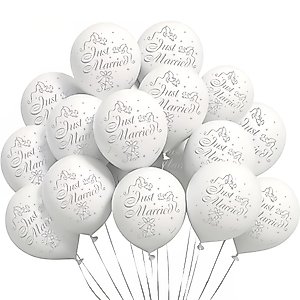 Just Married Printed White Latex Celebration Balloons - 12" (Pack Of 15) - Elegant & Durable Decorations For Wedding Reception & Bridal Events