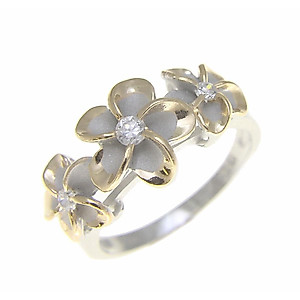 Arthur's Jewelry Sterling silver 925 Hawaiian 3 plumeria flower cz ring rhodium and yellow gold plated size 8.5