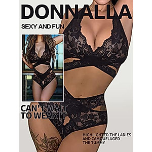 Donnalla Women Sexy Lingerie Set Two Piece Lace Bra and Panty Set Babydoll Sleepwear, Black, Medium