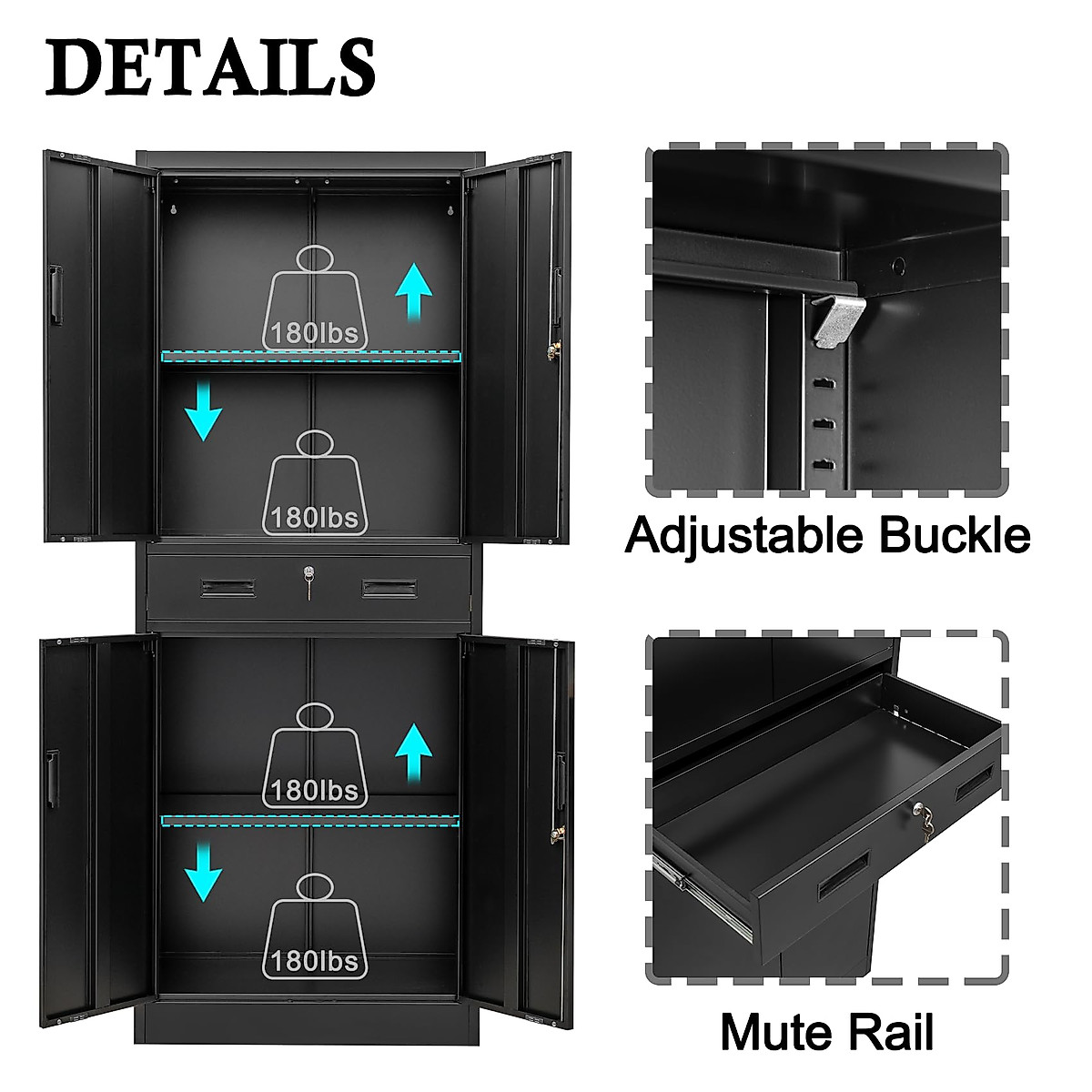 BESFUR Metal Cabinet, Garage Storage Cabinet with Drawer and Adjustable Shelves for Garage, Office, School - Black