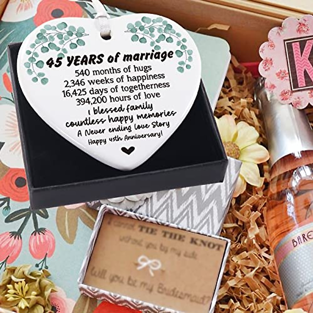 45th Marriage Anniversary Wedding Gifts for Women, Happy 45th Anniversary Wedding Gifts for Husband Wife Friends, 45 Years of Marriage Keepsake Heart Ceramics Hanging Plaque Decor Sign HP017