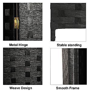 Folding Room Screen Divider Hand-Woven Design Room Divider 6ft High Fiber Free-Standing Privacy Screen Suitable for Living Room and Study (Black, 4 Panels)