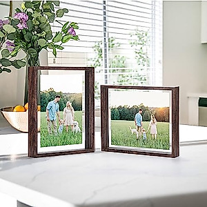 Trwcrt 8x10 Picture Frame Set of 2, Double Glass Floating Photo Frames Display up to 10 x 12 photos for Wall or Tabletop Display, Brown