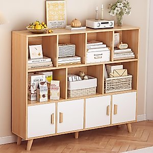 OSCHF Cubby Shelf Bookcase with Doors - Wooden 11 Cube Floor Standing Open Bookshelf with Solid Wood Legs, 3-Tier Storage Cabinet, Oak and Warm White