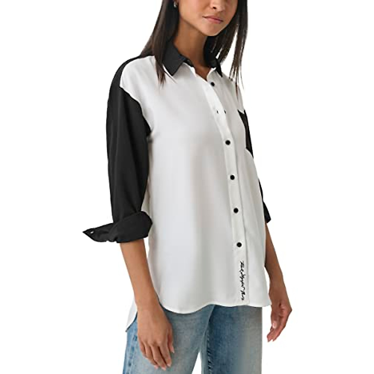 Karl Lagerfeld Paris Women's Soft Long Sleeve Colorblock Everyday Fashion Sport Blouse, White Black, X-Small