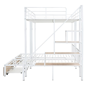 BIADNBZ Full Over Twin & Twin Triple Bunk Bed for 3,L-Shaped Metal Detachable Bunkbed Frame with Storage Stairs and 2 Drawers for Kids Teens Adults Bedroom,Space-Saving,White