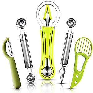 5Pcs Melon Baller Scoop Set, 4 in 1 Stainless Steel Fruit Scooper Seed Remover Cutter, Double Sided Melon Baller Spoon, Avocado Cutter, Watermelon Carving Knife for Dig Pulp Separator Fruit Slicer