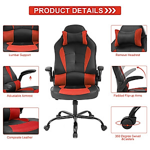Meet perfect Gaming Chair Ergonomic Office Chair Desk Chair Leather Computer Chair Lumbar Support and Head Pillow Modern Executive Chair Adjustable Rolling Swivel Task Chair Home Office Chair, Red
