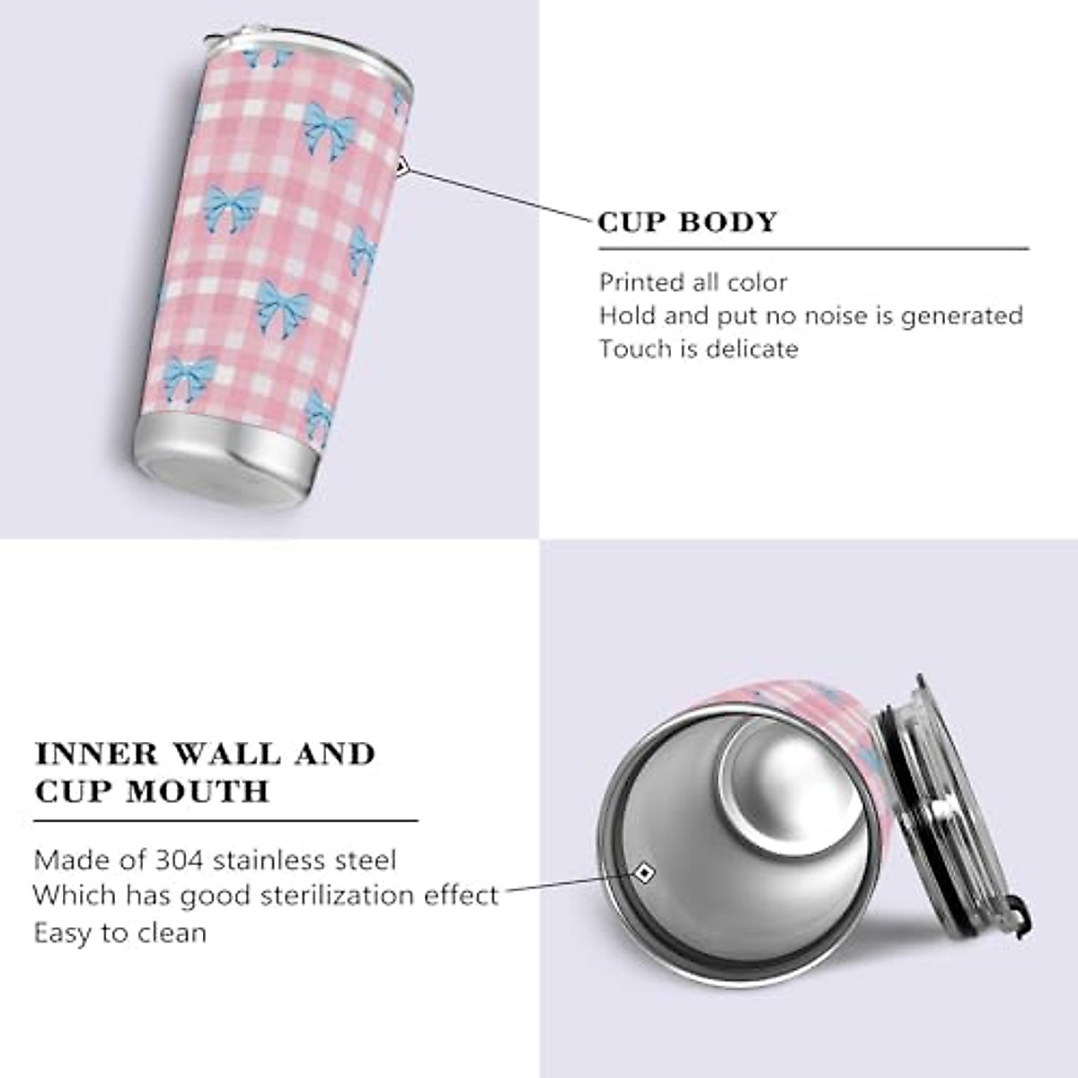 Pink Plaid Bow Stainless Steel coffee cups with lids with Straw Lid Camping Mug for camping simply flip straw tumbler 20 OZ