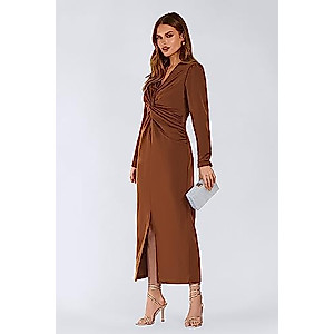 PRETTYGARDEN Women's Spring Fall Fashion Long Puff Sleeve Maxi Dresses V Neck Twist Front Formal Dress with Slit (Coffee,Large)