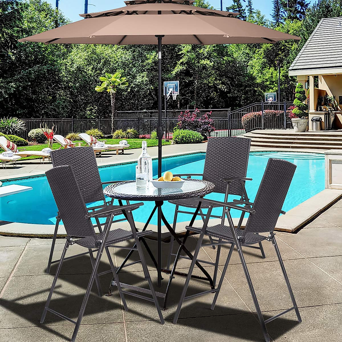 S AFSTAR Folding Wicker Chair Set of 4, Portable Tall Rattan Chairs for Patio Balcony Backyard, Folding Patio Chair with Armrests