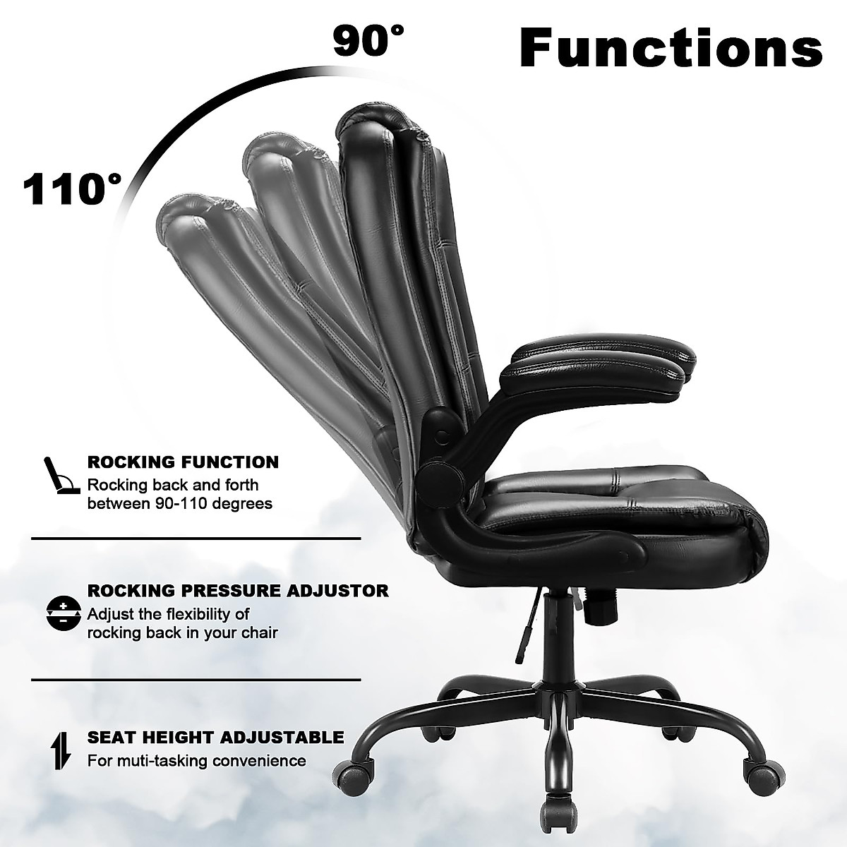 OFIKA Big and Tall Office Chair Computer Desk Chair - Ergonomic High Back Lumbar Support Home Office Chair with Padded Flip-up Arms, Adjustable Height Swivel Chair Leather Executive Chair (Black)