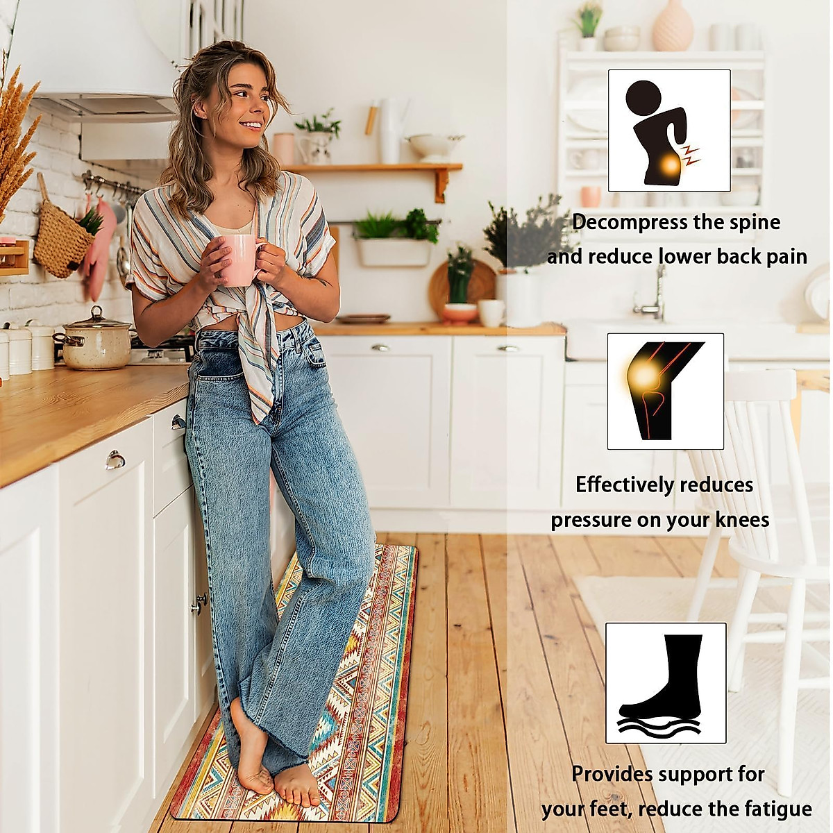 Tritard Kitchen Floor Mat Set of 2 Cushioned Anti Fatigue Western Aztec Kitchen Mats Memory Foam PVC Rubber Rugs Padded Non Slip Waterproof Kitchen Rugs Comfort Kitchen Mats for Standing, Kitchen