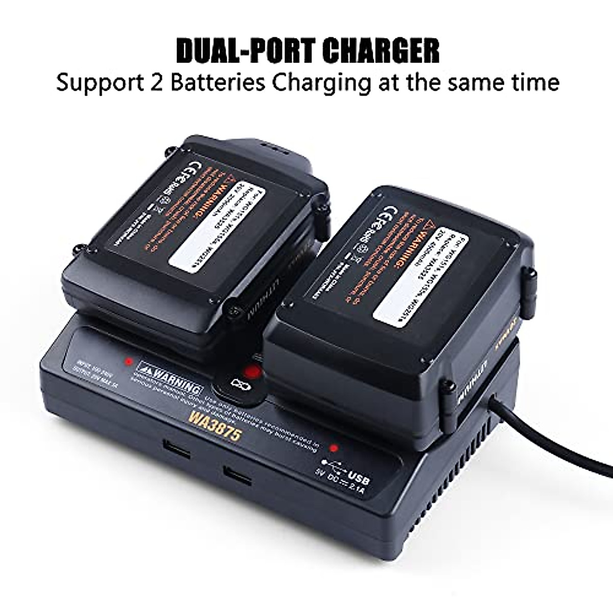 20V WA3875 Charger Replacement for Worx 20 Volt WA3770 Dual-Port Battery Charger with LED Indicator, Compatible with Worx 20V Li-ion Battery WA3520 WA3525 WA3575 WA3578 WA3512 WA3522 WA3671