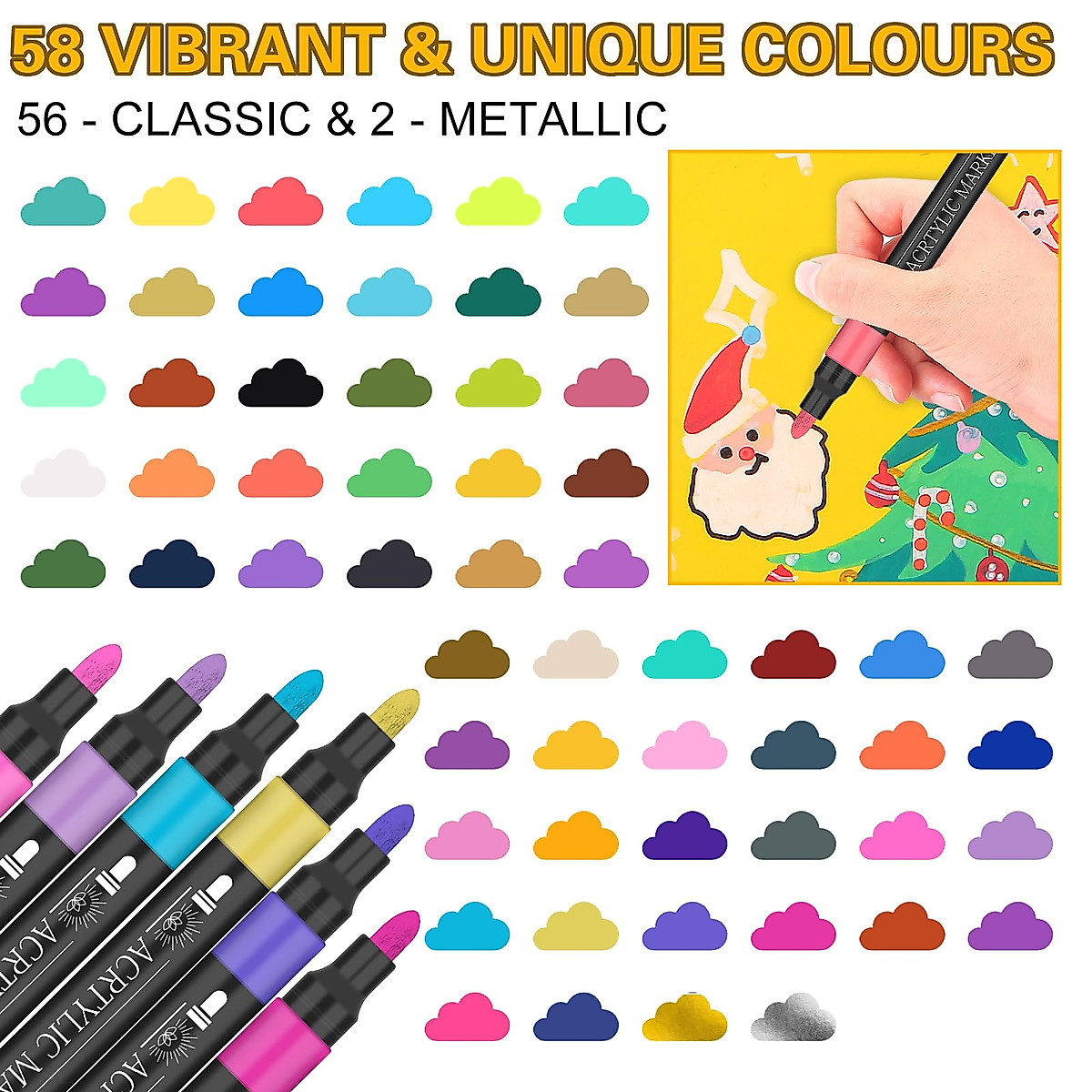 NICETY 58 Colors Acrylic Paint Pens Paint Markers, 3mm Medium Tip Point Acrylic Paint Pens for Rock Painting, Canvas, Wood, Ceramic, Glass, Stone, Fabric, DIY Crafts & Art Supplies