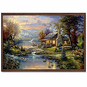 Thomas Kinkade Canvas Painting - Village Canvas Prints Thomas Kinkade Pictures Farmhouse Mountain Lake Nature Thomas Kinkade Wall Art for Living Room Bedroom Decor 16x24 Inch Unframed