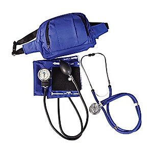 MABIS MatchMates Aneroid Sphygmomanometer Manual Blood Pressure Monitor Fanny Pack Kit with Calibrated Adult Nylon Arm Cuff and Sprague Rappaport Stethoscope, Professional Quality, Royal Blue
