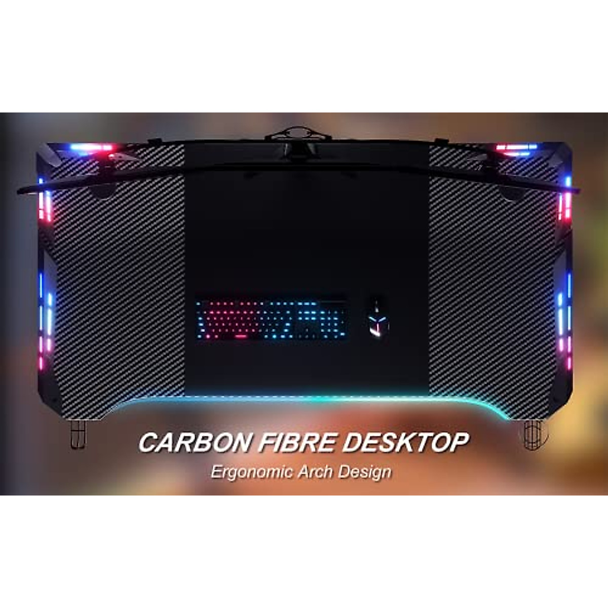 HLDIRECT 47 Inch Gaming Desk with LED Lights Carbon Fibre Surface Gaming Table Large Computer Desk Ergonomic Home Office Desks Z Shaped PC Gamer Workstations with Cup Holder & Headphone Hook Black