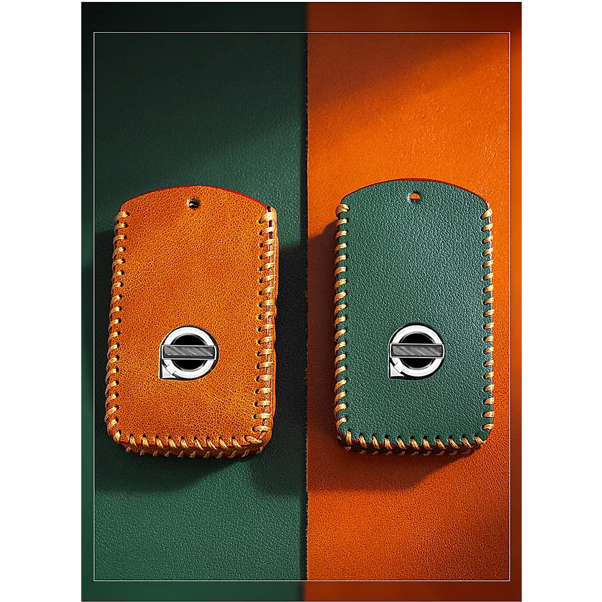 SANRILY Cowhide Leather Key Fob Cover for Volvo XC90 2017 2018 2019 XC60 S90 V90 Key Fob Keyless Full Protection Smart Key Case with Keychain Green