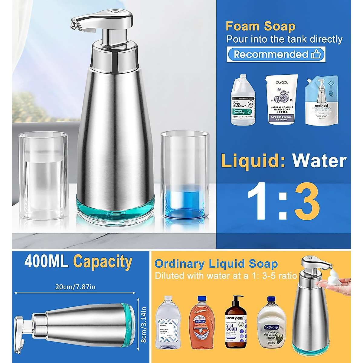 Kekele Baby Automatic foaming Soap Dispenser-Stainless Steel Sensor-14 Oz/400ml Sensor Auto Soap Dispenser Kitchen Sink,Bathroom,Kitchen-Rechargeable Electric Foam Touchless Stainless-silver