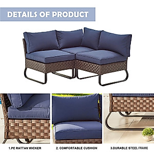 LOKATSE HOME 3 Pcs Outdoor Rattan Furniture Patio Conversation Sectional Set All-Weather Wicker Corner Sofa Metal Armless Chair with Cushion, Blue