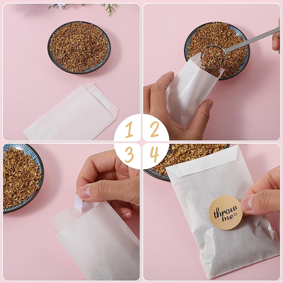 50Sets Wedding Confetti Bags Kit Include 50 Pieces 70 x 105 mm Wedding Confetti Glassine Bags Wedding Favor Bags and 50 Pieces Kraft Brown Wedding Confetti Stickers for Wedding (Throw Some Love)