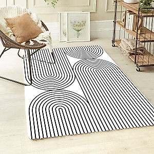 Black and White Lines Pattern Minimalist Wool Soft Area Rug 6x8 Washable No-Slip Mid-Century Rug for Living Room Bedroom Boho Chic Dining Room Carpet Indoor Outdoor Floor Mat