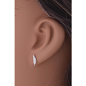 Sterling Silver Womens Dainty Feather Stud Earrings Gifts for Girlfriend Ladies 0.39in