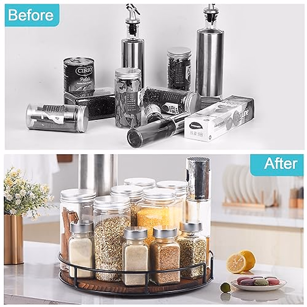 10" Lazy Susan Organizer - Non-Skid Wood Turntable Organizer for Cabinet, Pantry, Kitchen Countertop, Refrigerator, Spice Rack, Carbonized Black