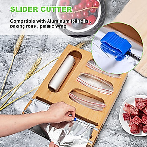 Kitchen Foil and Plastic Wrap Organizer, Bamboo Ziplock Bag Storage Organizer, Wrap Dispenser with Cutter，Compatible with Gallon, Quart, Sandwich and Snack Variety Size Bag