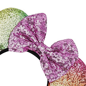 Makone Mouse Ears Headbands, Rainbow Sparkle Mouse Ears, Sequin Minnie Ears, Purple Bows Hairs Accessories, Party Princess Cosplay for Baby Girls & Women