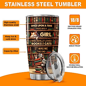 HUBUPU Cat Lovers For Tumblers, Tumbler 20 Oz With Lid And Straw, Book Gifts, Girl Loved Books And Cats