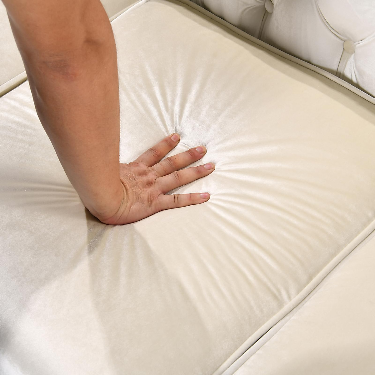 RUNOLIG Chesterfield Sofa, Velvet Sofas and Couches with Button Tufted Design and Gold Legs, Upholstered Sofa with 2 Pillows and Wood Frame, Modern 3 Seat Couch for Living Room, Apartment (Beige)