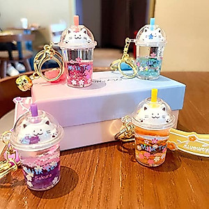 Sunfans Girls Women Keychain, Summer Beautiful Flower Milk Tea Bubble Tea Lucky Fortune Cat Cup Moving Sand Liquid Keyrings, Acrylic Car Key Chain Key Ring Bag Pendant Key Holder Wrist Strap -Pink