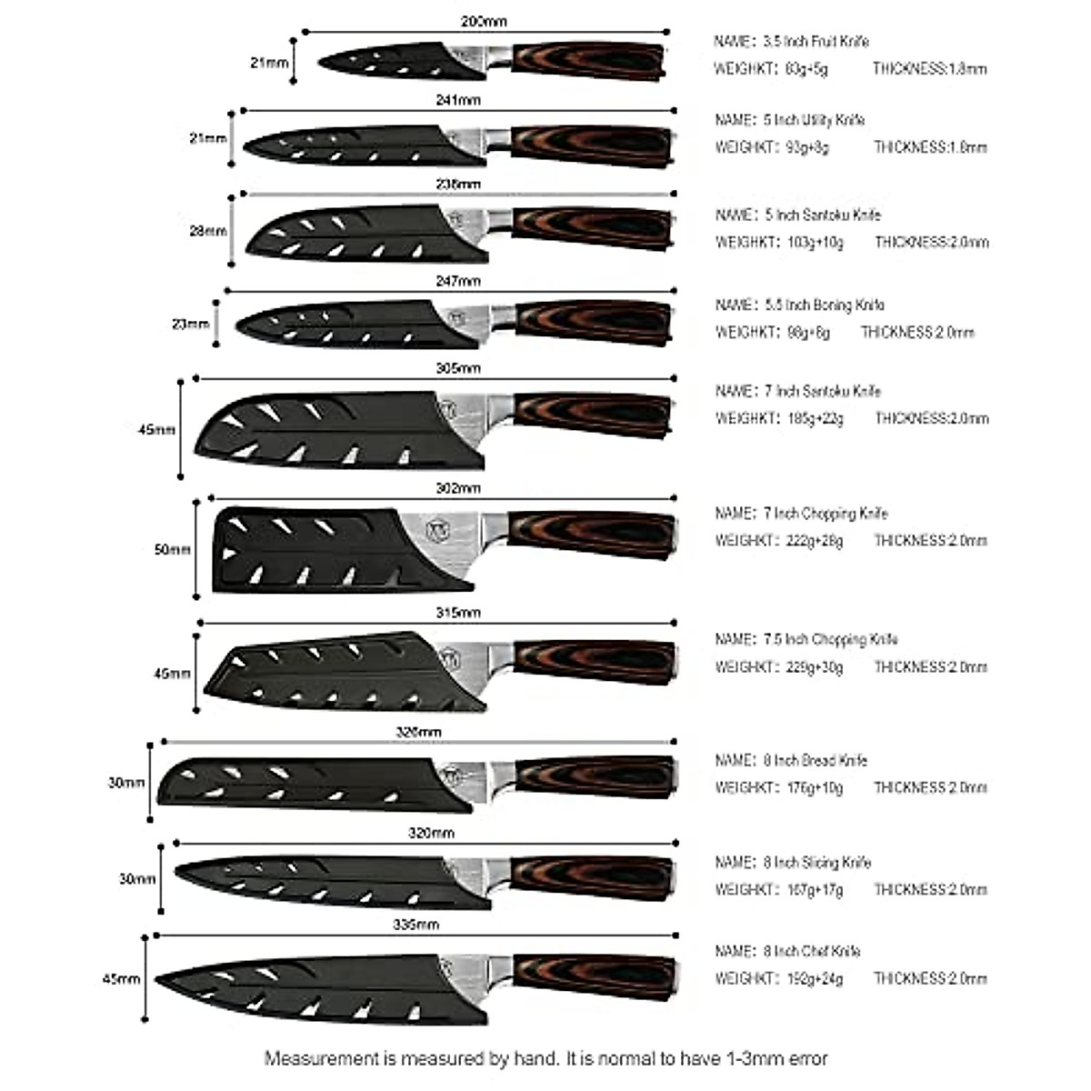 XYJ Stainless Steel Kitchen Knives Set 10 Piece Chef Knife Set with Knife Sharpening Rod Carry Case Bag & Sheath Well Balance Ergonomic Handle