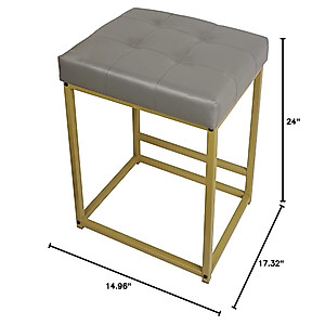 GIA 24-Inch Counter Height Square Metal Stool with Footrest and Tufted Gray Vegan Leather Upholstery, Gold Frame, Qty of 1