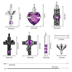 HOMLAND Urn Necklace for Ashes - 6 Pcs Cremation Jewelry Keepsake Memorial Heart Cross Cubic Stainless Steel Pendant for Loved One Women Men with 3 Pcs Replacement Chains