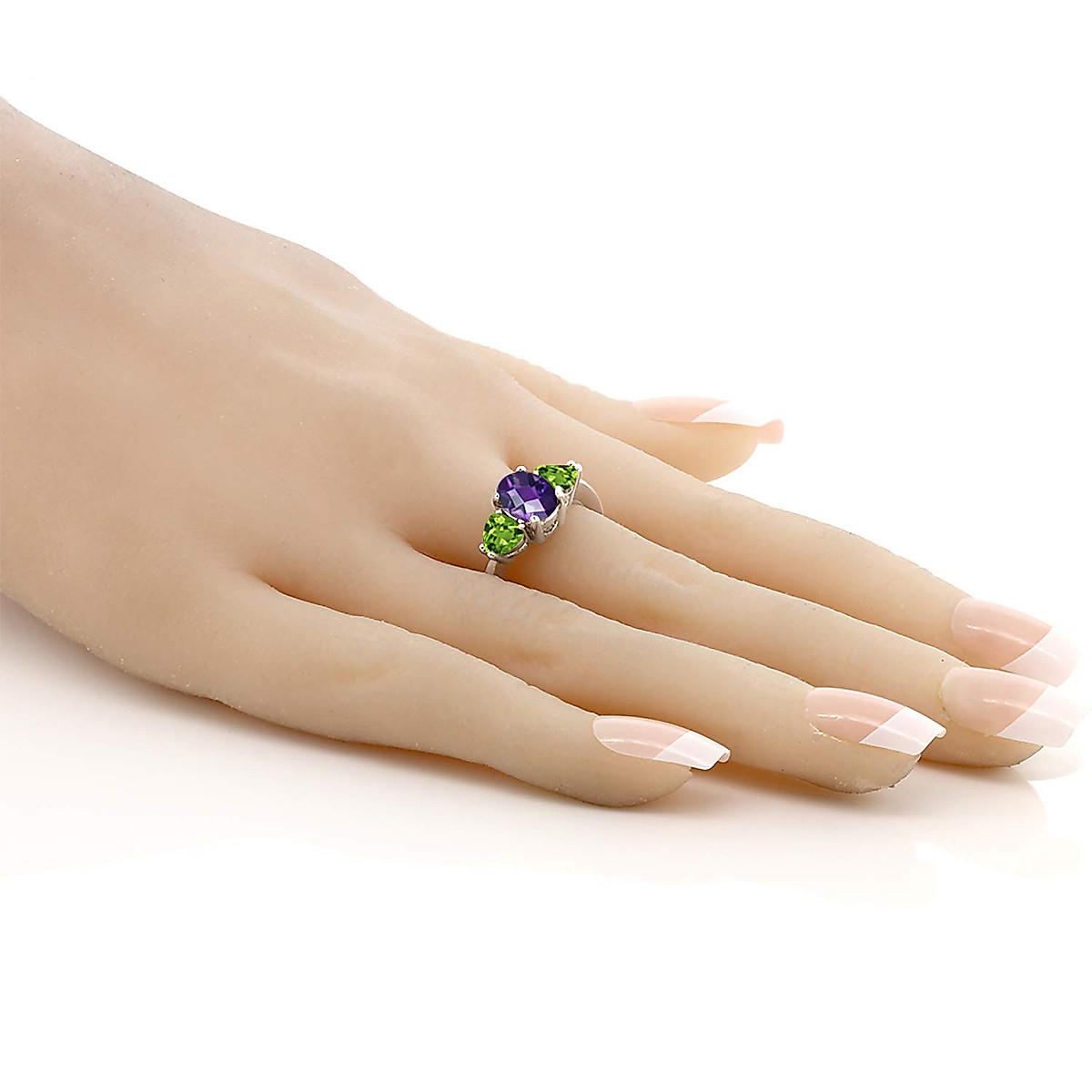 Gem Stone King 925 Sterling Silver Amethyst and Peridot 3-Stone Ring for Women (1.96 Ct Checkerboard, Available in size 5, 6, 7, 8, 9)