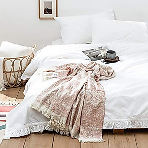 Cotton Fringed and Striped Throw Blanket for Bed, Couch,Knit Woven with Tassels Soft Lightweight Cozy Blanket Scarf Shawl Farmhouse Decoration for All-Season (Pink)