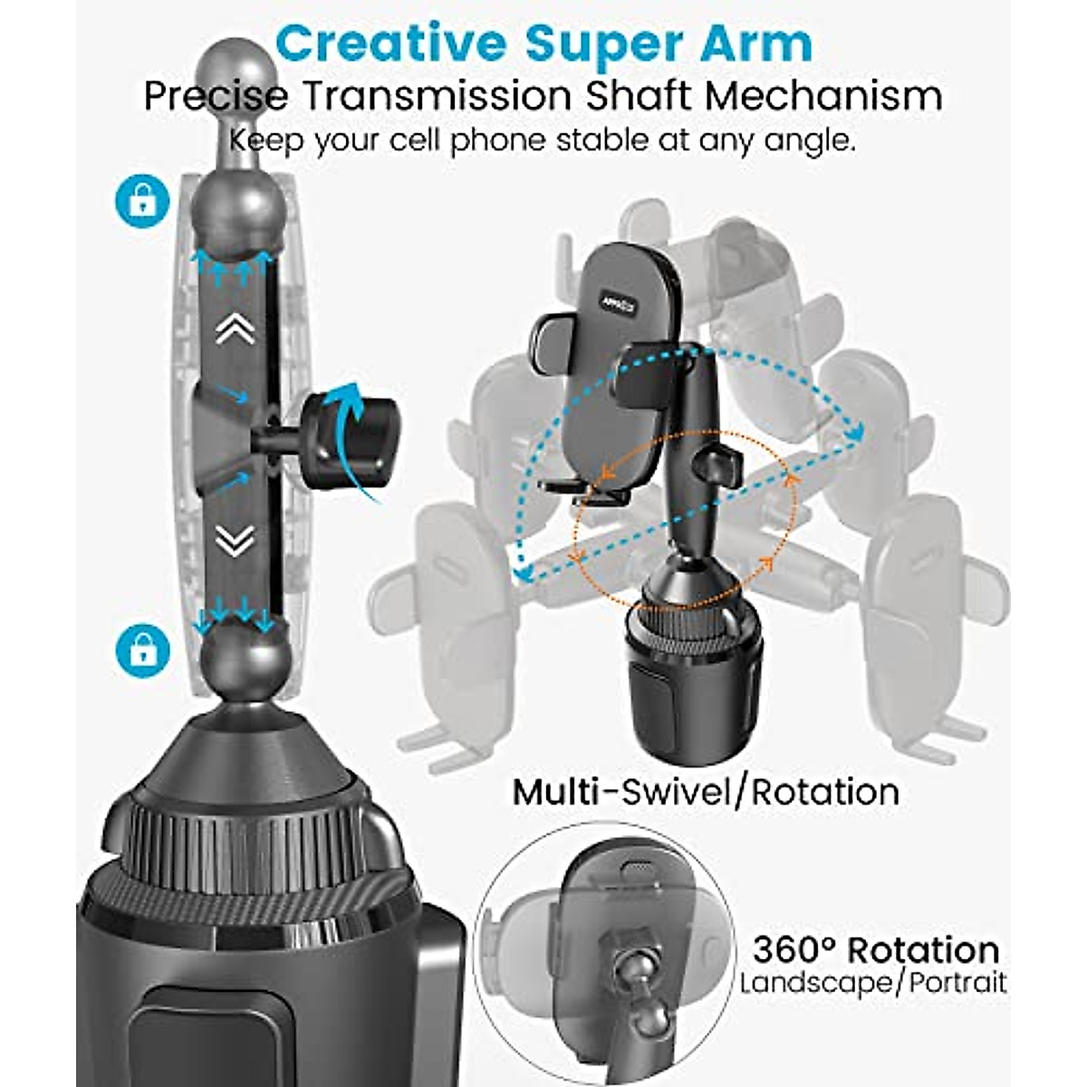 APPS2Car Phone Mount for Car Cup [Upgraded Version], Multi-Pivots Transmission Shaft Long Arm Cup Holder Phone Mount Solid Phone Holder Car Truck Compatible with All Phones iPhone Thick Case Friendly