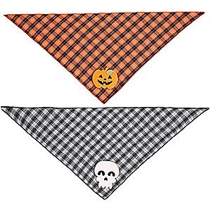 Dog Halloween Bandana 2Pack, Plaid Triangle Scarf with Designer Appliques for Dogs