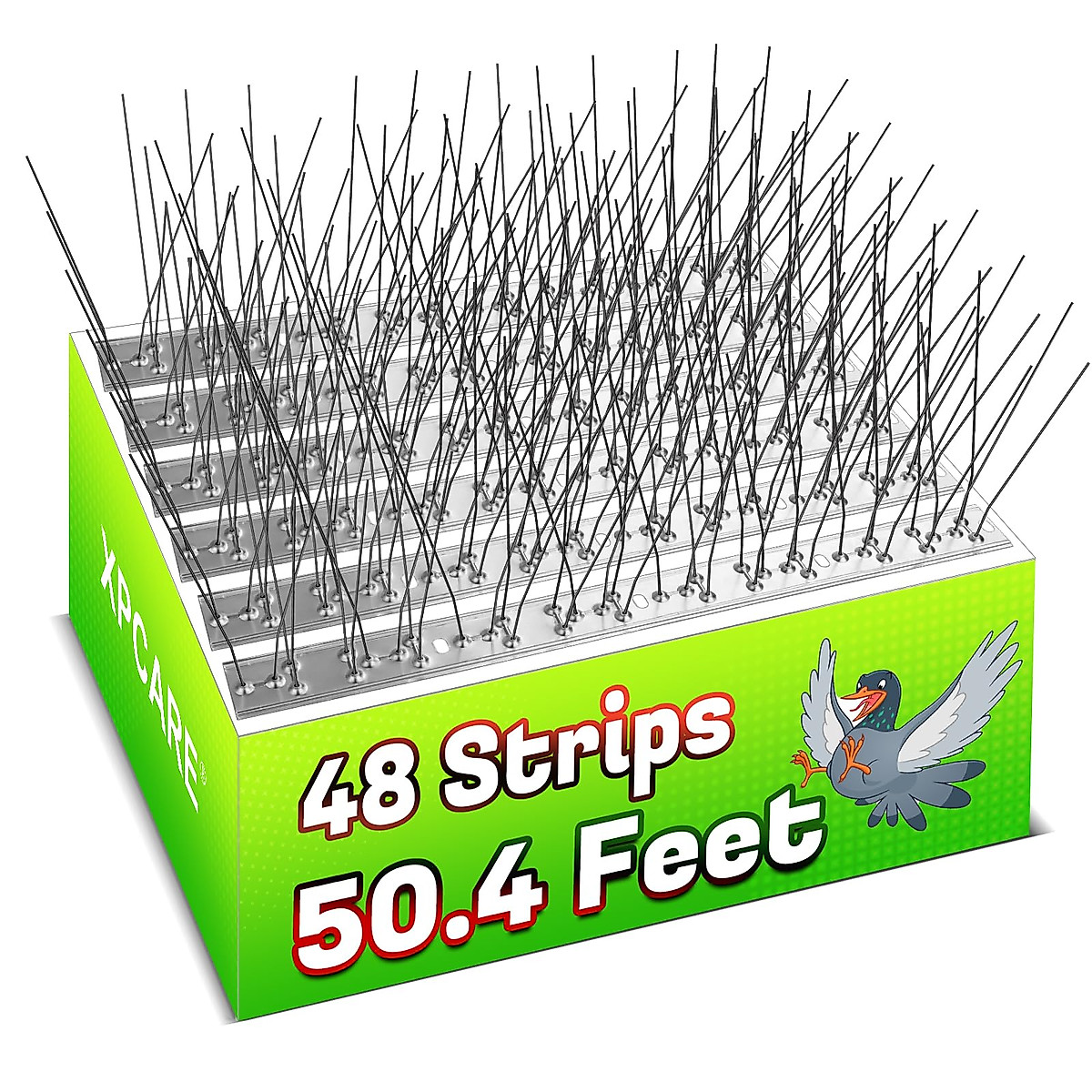 XPCARE 50.4 Feet Bird Spikes, Stainless Steel Bird Spikes Fence Spikes for Crow Robin Pigeon Squirrel Raccoon Defender Spikes (48 Packs Uninstalled)