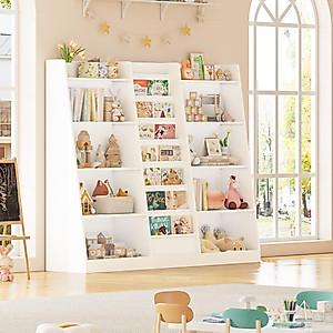 FOTOSOK 58’’ Kids Bookshelf, Super Large Wooden Book Shelf for Kids Rooms with 7 Deep Sling Sleeves and 10 Wooden Racks, Toy Storage Organizer Nursery Book Shelves for Quick Book Access, White