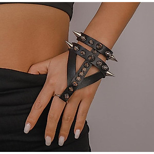 Sither Black Bracelet with Ring for Women and Men Child Halloween Punk Goth Black Leather Bracelet Hand Accessories Jewelry for Gift(1 piece)