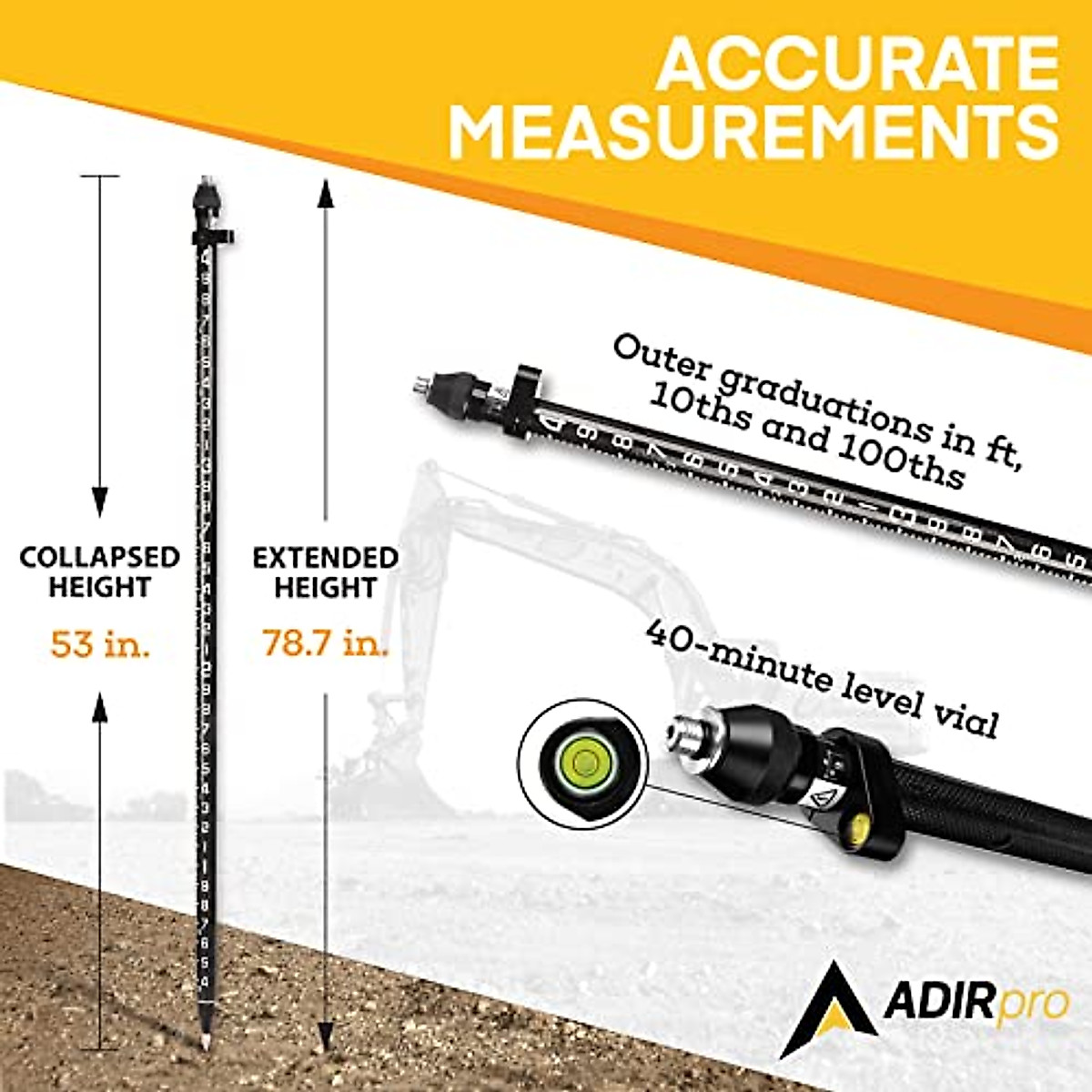AdirPro 3-Position Snap-Lock Rover Rod – Carbon Fiber GPS Pole – 1 Piece Design with Outer GT Graduations for Land Surveying & Engineering - RTK GPS/GNSS Accessory