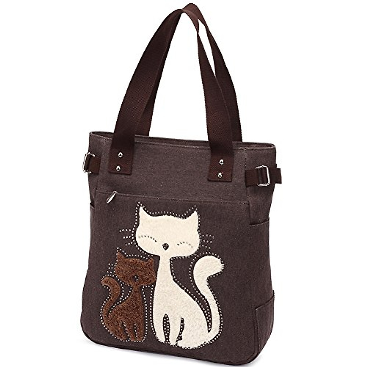 KAUKKO Women Canvas Handbag Shoulder Bag Cat Big Tote Bag Coffee