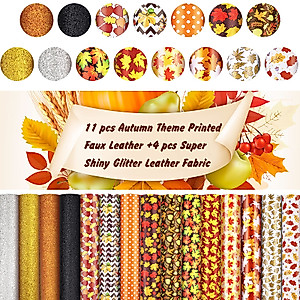 15 Pieces Thanksgiving Fall Faux Leather Sheets Glitter Autumn Leather Sheets Plant Leather Fabric Sheets Fall Leaves Faux Leather Fabrics for DIY Crafts Earrings Bag Decors(Classic Style)